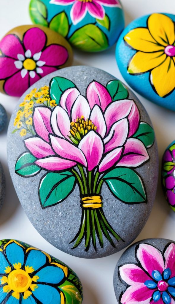66 Beautiful Flower Painted Rock Ideas for Creative Crafts - Living Tickled