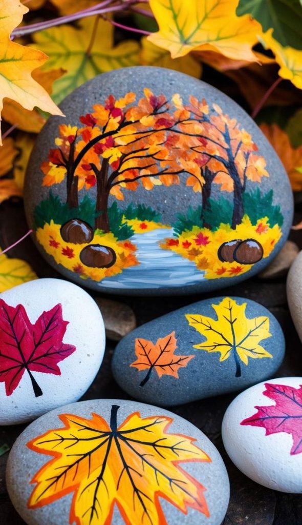 32 Cozy Autumn Leaf Painted Rock Ideas for Fall Decor: Charming Designs ...